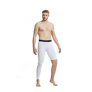 Men's Basketball Single Leg Tight Sports Pants 1/2 One Leg Compression Pants Athletic Base Layer Underwear (Small,White-1)