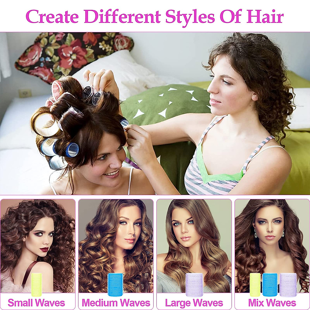 34 Hair Curlers Rollers Set, 4 Size No Heat Hair Roller for Short Medium Long Hair, Include 10 Hair Clips for Women DIY Curly Hairdressing (20/28/36/44mm) Blue