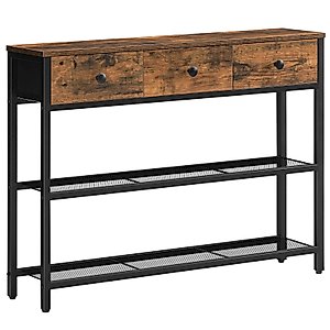 HOOBRO 39.4" Narrow Console Table with 3 Fabric Drawers, Small Entryway Table with 3-Tier Storage Shelves, Thin Sofa Table, Side Table, for Living Room, Hallway, Rustic Brown and Black BF82XG01