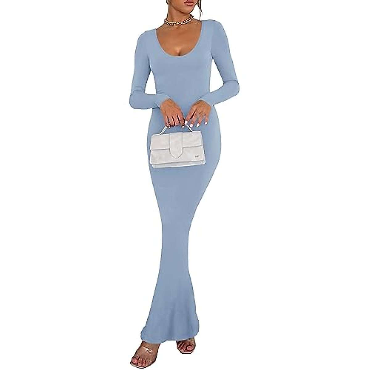 REORIA Women's Sexy Casual Scoop Neck Long Sleeve Lounge Long Dress Elegant Fall Wedding Guest Tight Ribbed Bodycon Maxi Dresses Blue Small