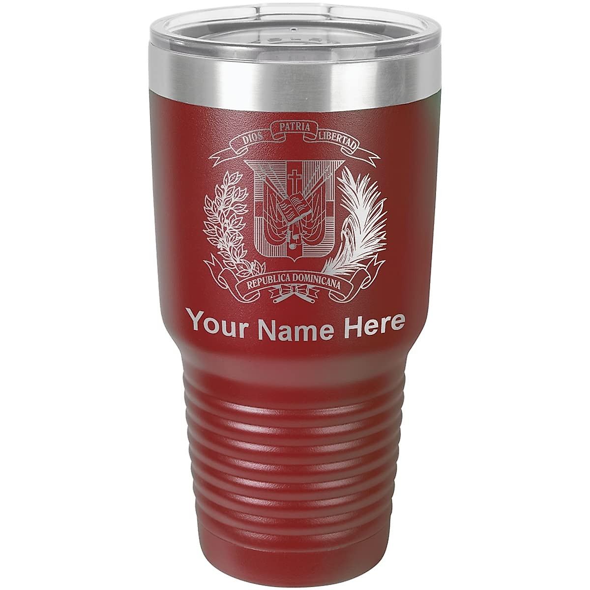LaserGram 30oz Vacuum Insulated Tumbler Mug, Coat of Arms Dominican Republic, Personalized Engraving Included (Maroon)