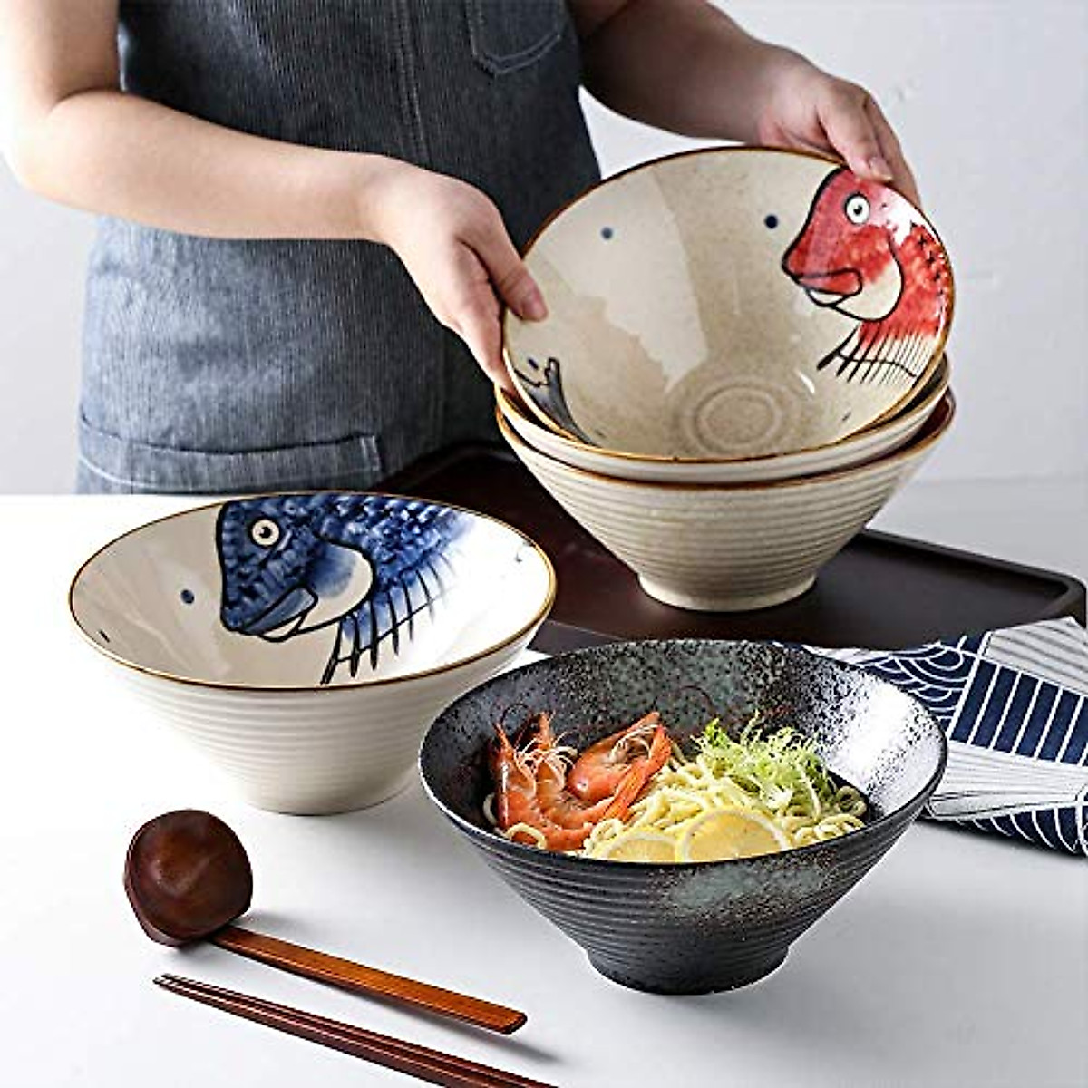 NJCHARMS Ceramic Japanese Ramen Noodle Soup Bowl, 2 Sets (6 Piece) 60 Ounce Ramen Bowls, with Spoons and Chopsticks for Udon, Pho, Asian Noodles, Ramen Noodles Bowl, Blue