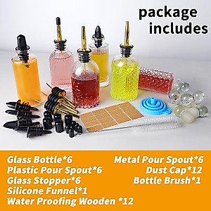 Coffee Syrup Dispenser Simple Small Glass Bottle 6 Pcs for Coffee Bar Accessories with Dust Lids Pour Spout, Glass Stopper, Cleaning Brush. Vanilla, Caramel, Syrup, Honey, Condiments Dispenser