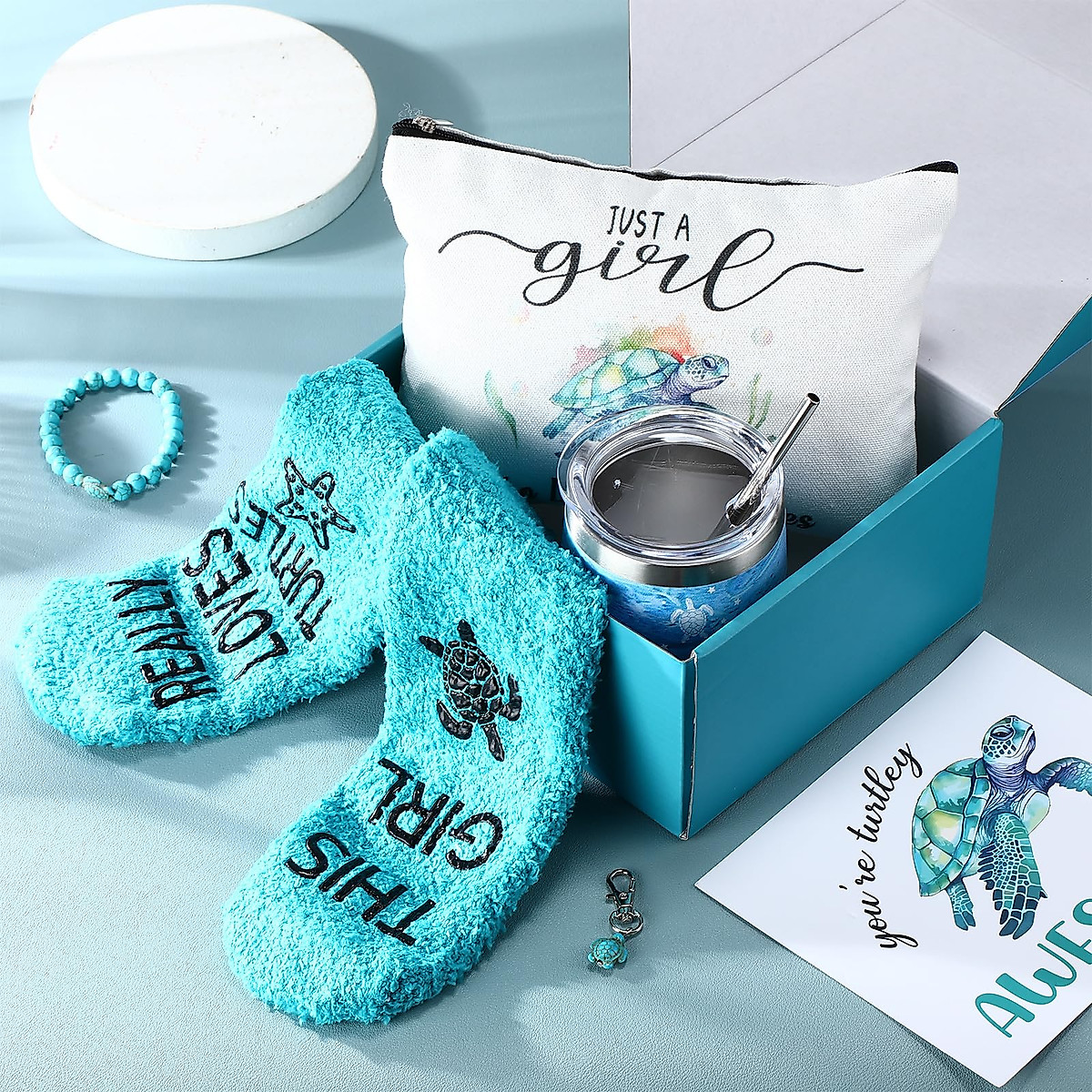 Tondiamo Sea Turtle Gifts for Women Ocean Gifts for Turtle Lovers Includes Tumbler Turtles Makeup Bag Keychain Card Turtle Socks Ocean Bracelets for Women Sister Friends Valentines Day Gifts