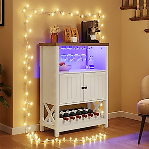 YITAHOME Sideboard Buffet Cabinet with Light, 31.5'' Farmhouse Coffee Bar Cabinets with Storage, Wine Bar Cabinet for Home with Wine Rack and Glass Holder (White Oak)