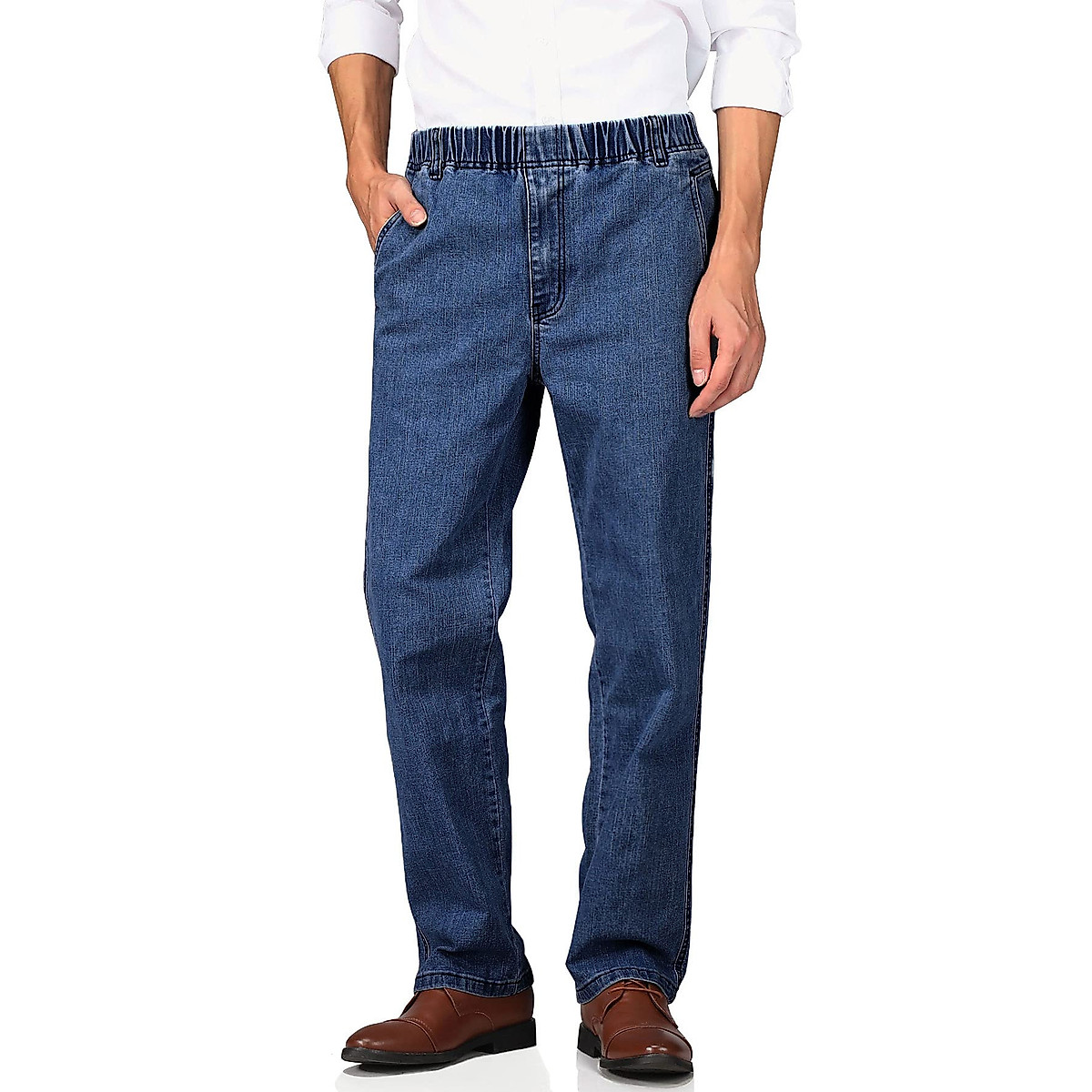 Soojun Mens Casual Loose Fit Elastic Waist Jeans Denim Pants, Indigo, 32W x 28L