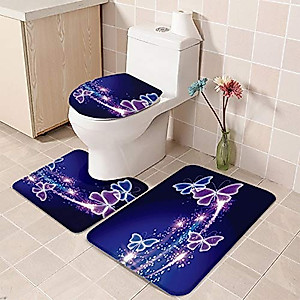 Libaoge Bathroom Mat Sets 3 Piece/Set Rugs Purple Dreamlike Bath Mat, Gorgeous Butterfly Flying Memory Foam Mat Set Matches Anti-Skid Toilet Seat Cover Bath Mat Lid Cover 18"x30"+14"x18"+15"x18"