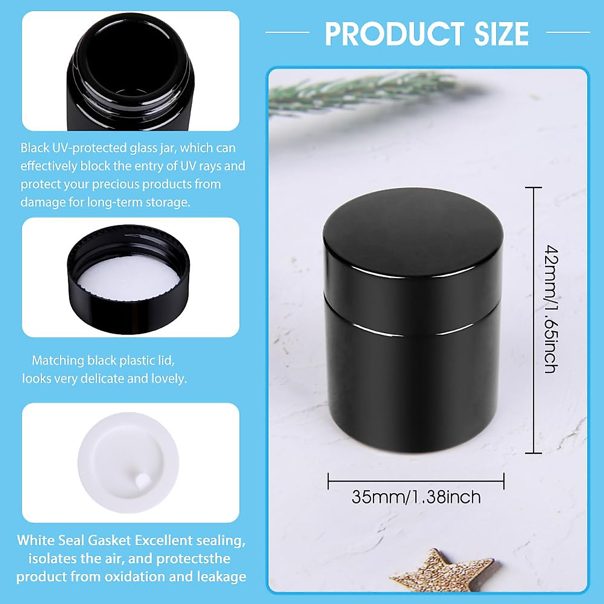 SKMZ 12PCS UV Protection Small Glass Jars With Lids Reusable 5ml Black Food Glass Bottle Mini Airtight Container For Oil Salve leaf Storage 1 Wax Carving Tools - 5g black