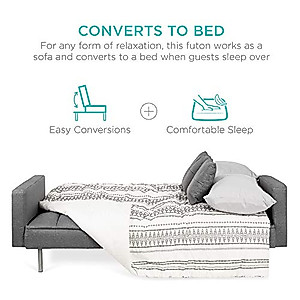 Best Choice Products Convertible Linen Fabric Tufted Split-Back Plush Futon Sofa Furniture for Living Room, Apartment, Bonus Room, Overnight Guests w/ 2 Pillows, Wood Frame, Metal Legs - Dark Gray