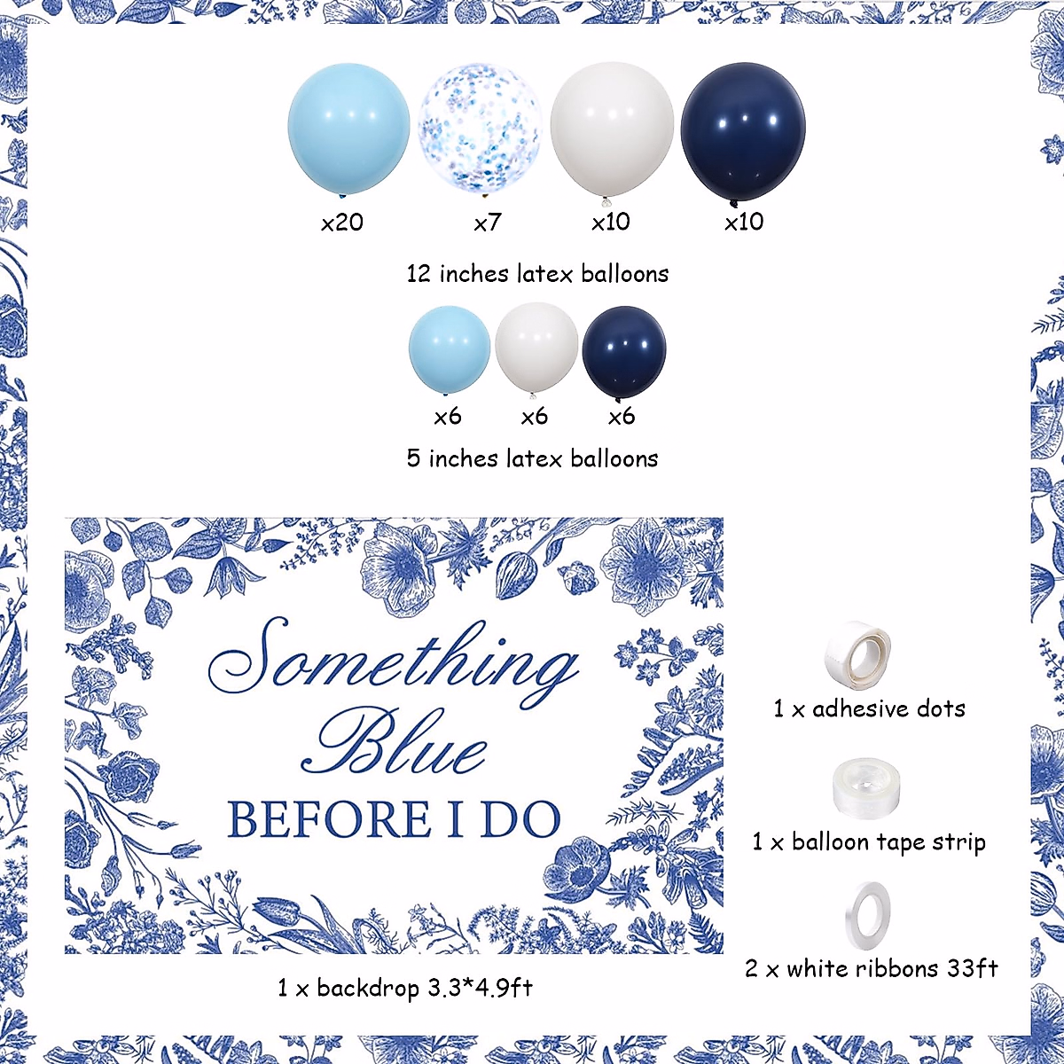 JOYMEMO Something Blue Before I Do Bridal Shower Decorations for Women, Blue and White Balloons Garland Arch Kit with Blue Flower Party Backdrop, I Do Diamond Ring Balloon, Bachelorette Party