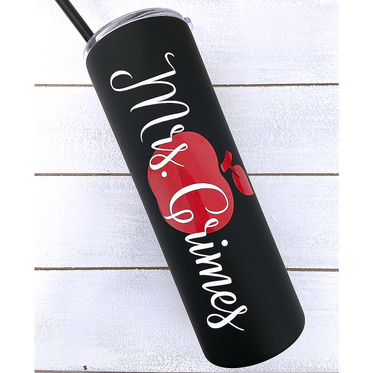 Glitter Apple Teacher's Personalized 20 oz Stainless Steel Skinny Tumbler with Custom Vinyl Decal by Avito - Includes Straw and Lid - Back to School Teacher's Gift, Best Teacher Ever