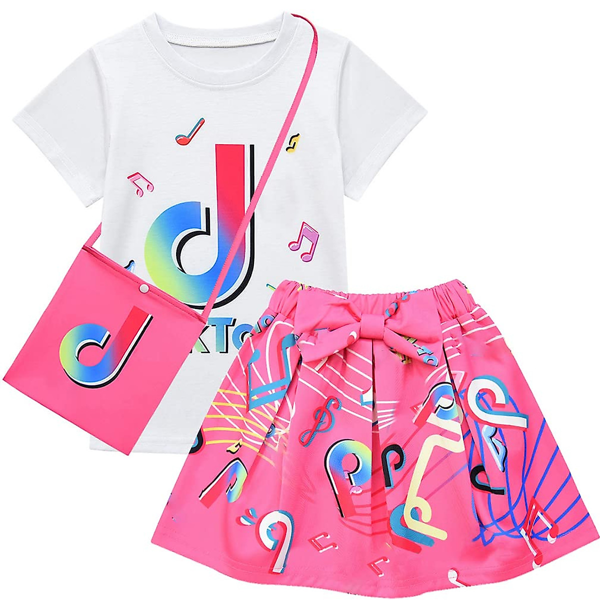 D.O.T 3pcs Tic Toc Girl Skirt Sets T Shirt Top + Bowknot Skirt with Bag Outfits (Rosy, 6-7Years)