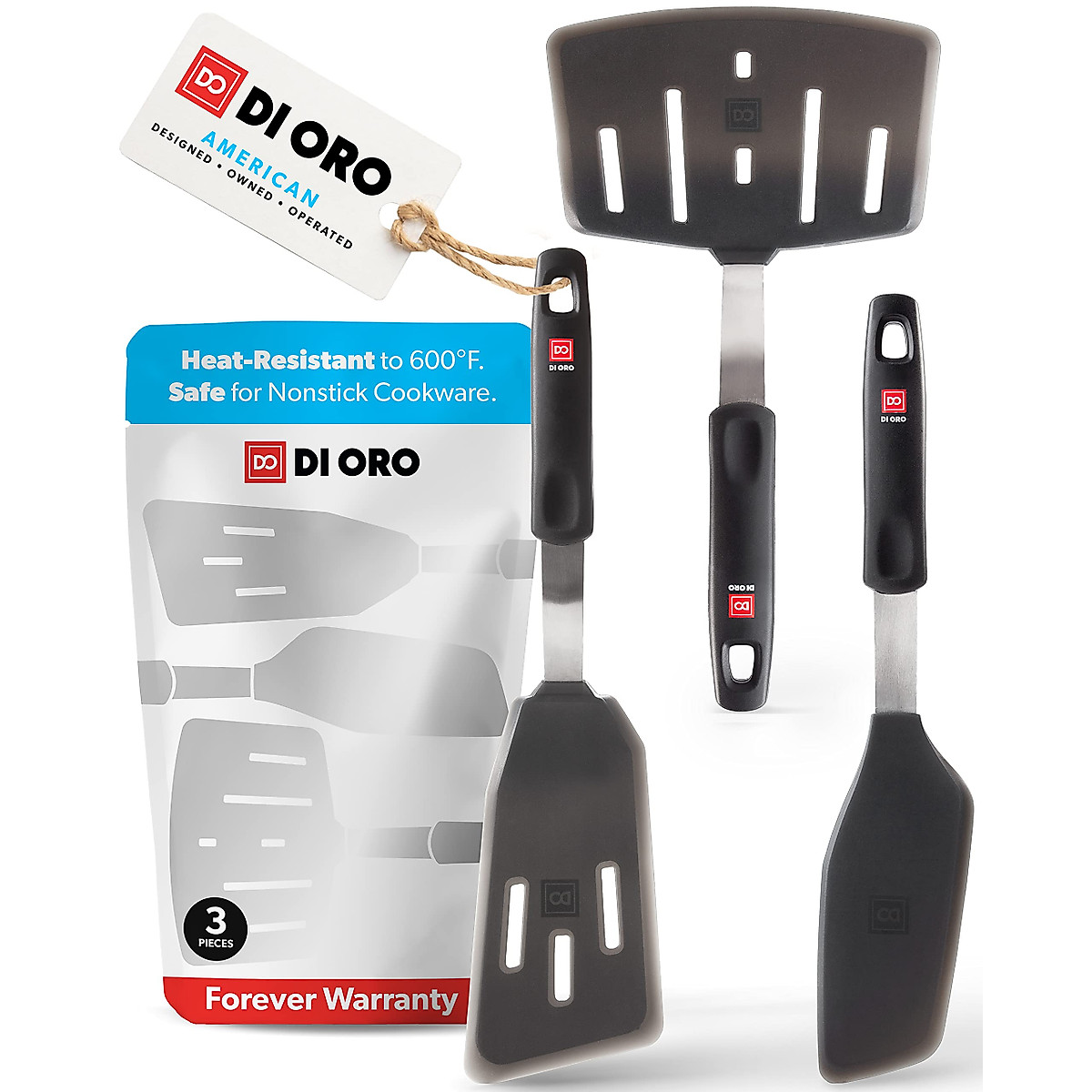 DI ORO Spatulas for Kitchen Use - Forever Warranty - 600°F Heat-Resistant Silicone - Turner Spatula Set for Cooking - BPA Free Wide Pancake Spatulas - Egg Flippers for Nonstick Cookware Safe (3pc)
