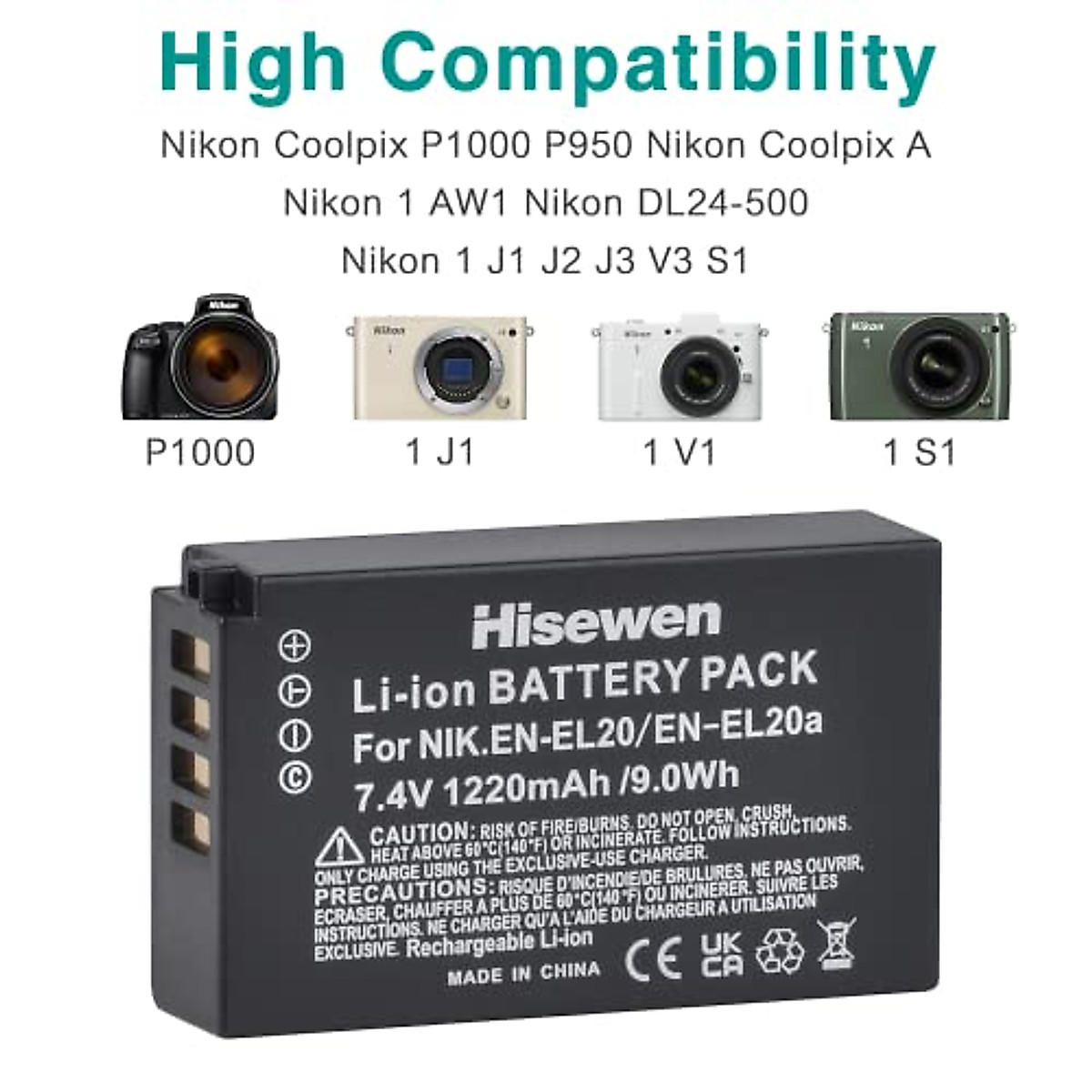 Hisewen EN-EL20 EN-EL20a Battery and Dual Charger for Nikon Coolpix P950, P1000, DL24-500, Coolpix A, 1 AW1, 1 J1, 1 J2, 1 J3, 1 S1, 1 V3 Digital Camera.