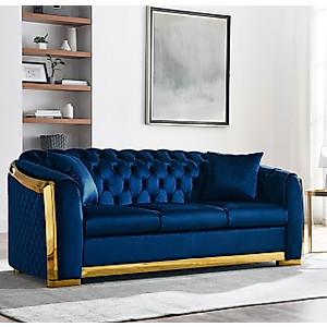 JUSTONE 81.1'' Black Velvet Chesterfield Sofa Couch for Living Room,Luxury Tufted 3 Seat Couch with Gold Stainless for Apartment Office,Navy Blue