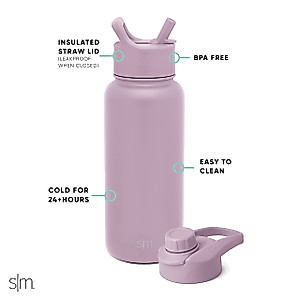 Simple Modern Water Bottle with Straw and Chug Lid Vacuum Insulated Stainless Steel Metal Thermos Bottles | Reusable Leak Proof BPA-Free Flask for Sports, Gym | Summit Collection | 32oz, Lavender Mist
