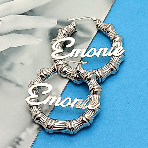 LeCalla Personalized Bamboo Earrings with Name Customized 925 Sterling Silver Bamboo Name Hoop Earrings for Women