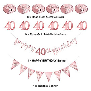 Rose Gold 40th Birthday Decoration for Girls, Happy 40th Birthday Banner Bunting Swirls, Triangle Flag Banner for 40 Birthday Party Decorations Supplies