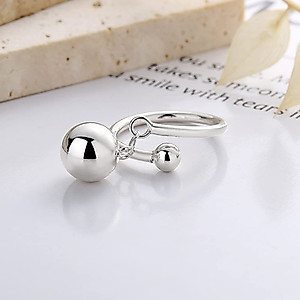 Dangling Ball Bell Sterling Silver Adjustable Open Ring for Women Men Minimalist Tassel Double Balls Rings Boho Geometric Round Statement Comfort Fit Dainty Charms Dangle Jewelry Christmas Birthday BFF Gift