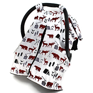 Dear Baby Gear Car Seat Canopy, Woodland Adventure Bear Moose Plaid, Minky Black