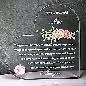 Mother's Day Gift from Daughter & Son,Acrylic Heart Sculpture Table Plaque to My Beautiful Mom keepsake Gift for Mother's Day Birthday Present