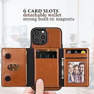 LOHASIC for iPhone 14 Pro Max Wallet Case, 6 Card Holder, Detachable Magnetic Back, Compatible with Mag-Safe, Vintage Leather Fancy Credit Slot Phone Cover for Men Women, 6.7 Inch, 5G, 2022 - Brown