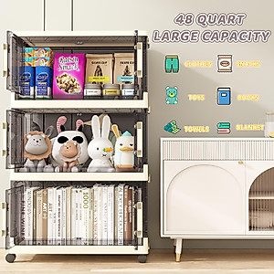 KHNR Storage Bins with Lids,48 Quart Plastic Storage Bins,3 Packs Collapsible Storage Bins with Wheels and Door,Stackable Storage Bins with Lids,Closet Organizers and Storage for Toys,Clothing,Home