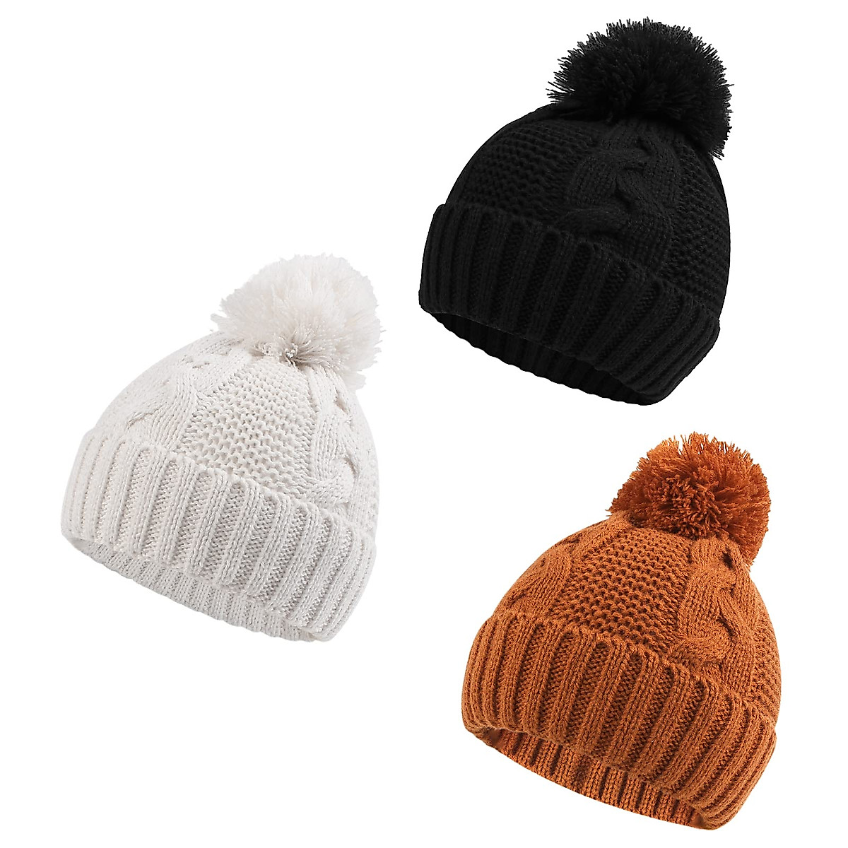 Zsedrut Baby Winter Beanie for Girls Boys Infant Toddler Warm Knit Twist Hat with Pompom (White+Black+Caramel, 0-6 Months)