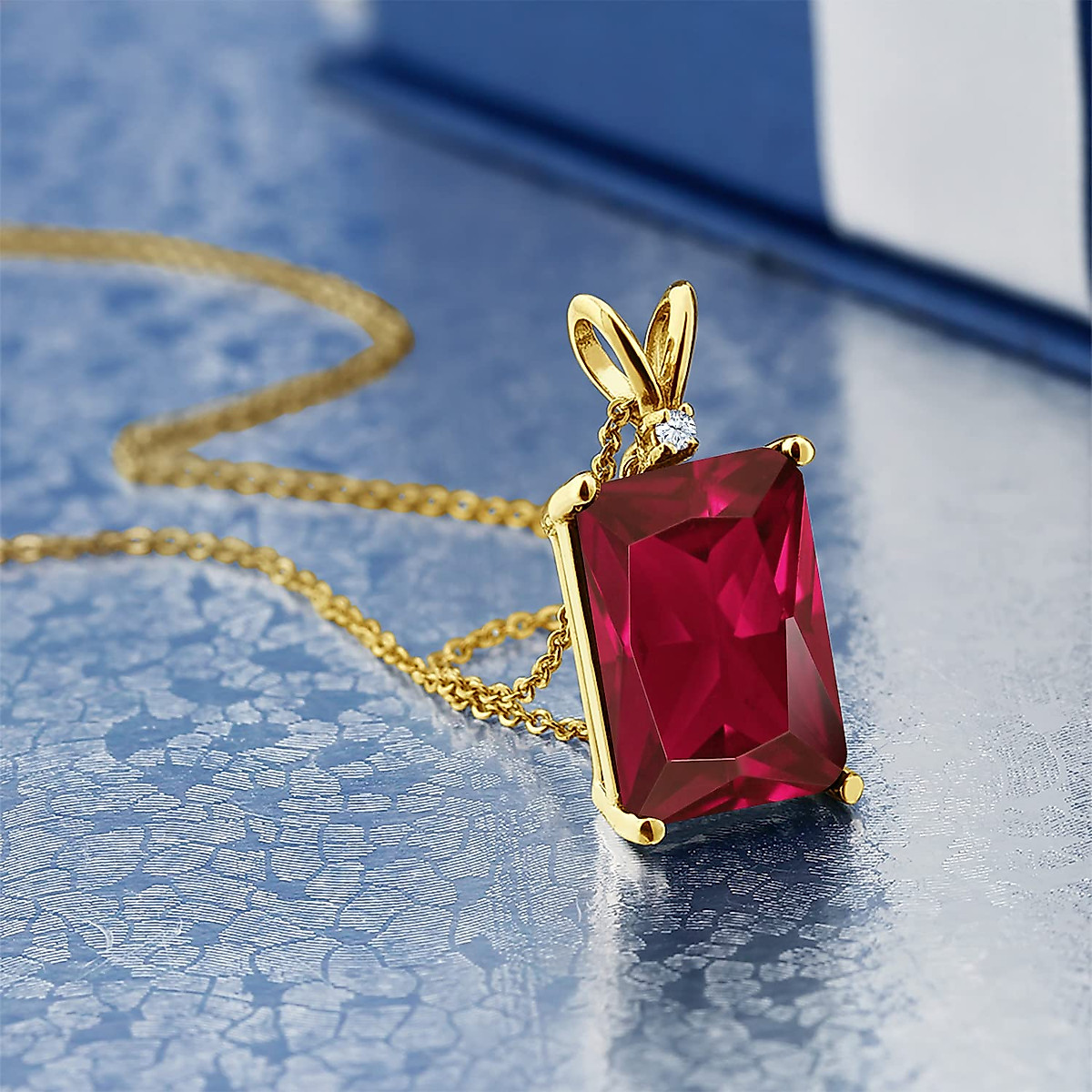 Gem Stone King 18K Yellow Gold Plated Silver Red Created Ruby Pendant Necklace For Women (5.02 Cttw, Gemstone July Birthstone, Emerald Cut 14X10MM, with 18 Inch Silver Chain)