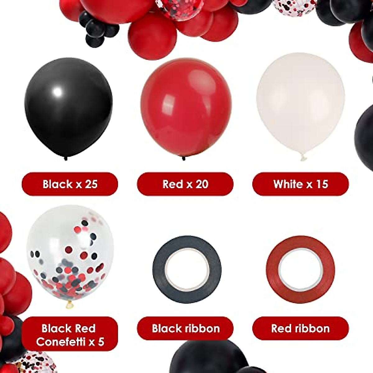 RUBFAC 65pcs 12 Inches Black Red Confetti Balloons Kit, Black Red White Party Balloons with Ribbons for Birthday, Wedding, Baby Shower, Graduation Decorations