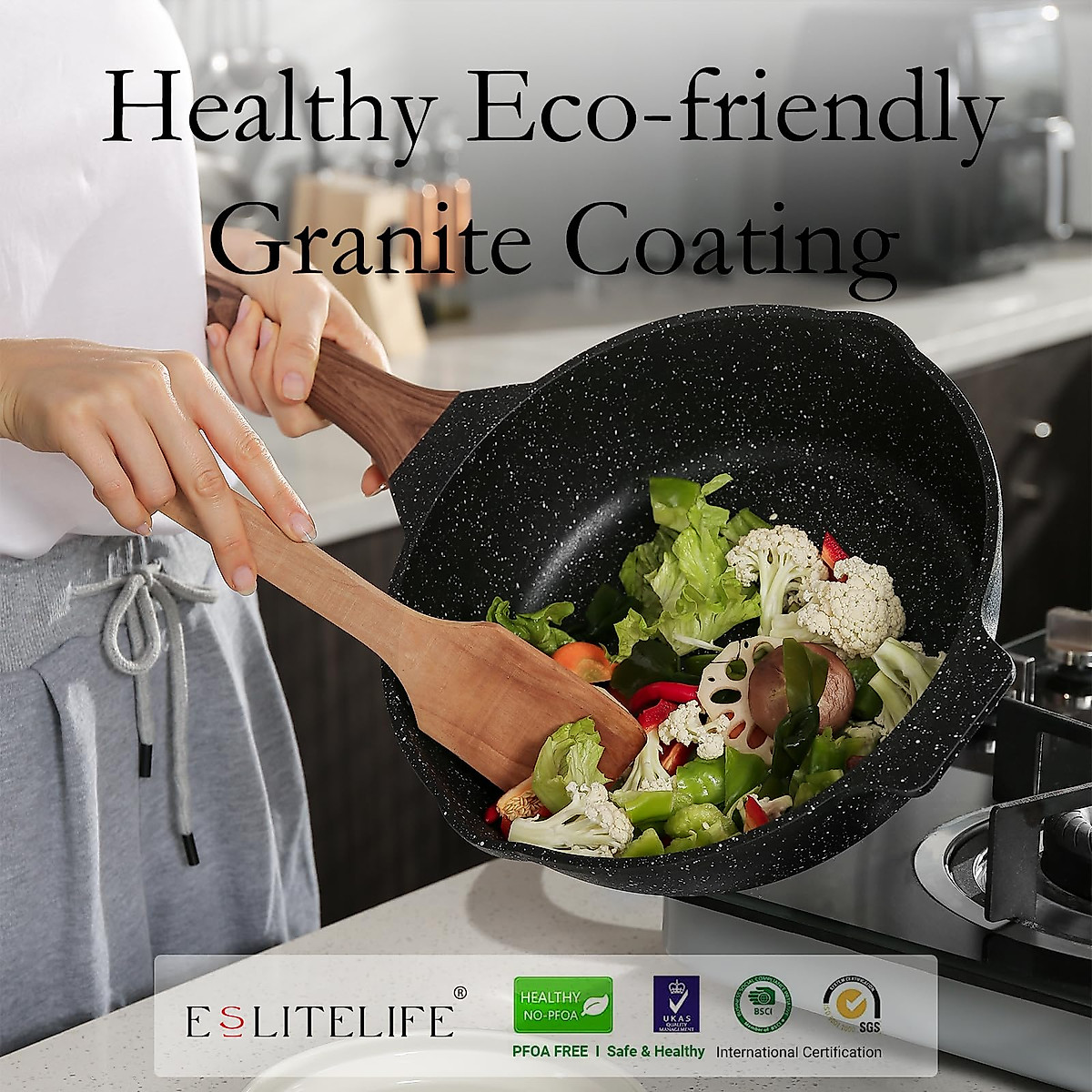 ESLITE LIFE Nonstick Deep Frying Pan with Lid, 5 Quart/11 Inch Granite Coating Sauté Pan Compatible with All Stovetops (Gas, Electric & Induction), PFOA Free, Black