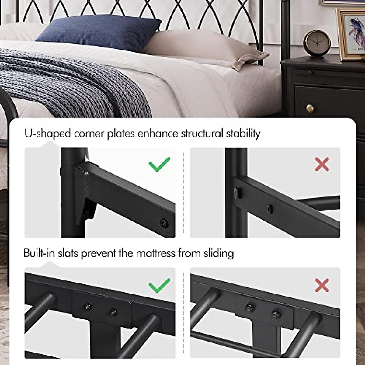 Yaheetech Queen Bed Frame Metal Platform Bed with Petal Accented Headboard/Footboard/14.4 Inch Under Bed Storage/No Box Spring Needed,Black