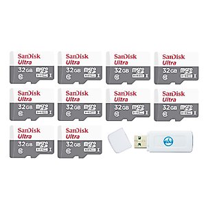 Sandisk 32GB 32G Micro SDHC Ultra (10 Pack) MicroSD TF Flash Memory Card High Speed Class 10 SDSQUNR-032G-GN3MN with Everything But Stromboli Memory Card Reader