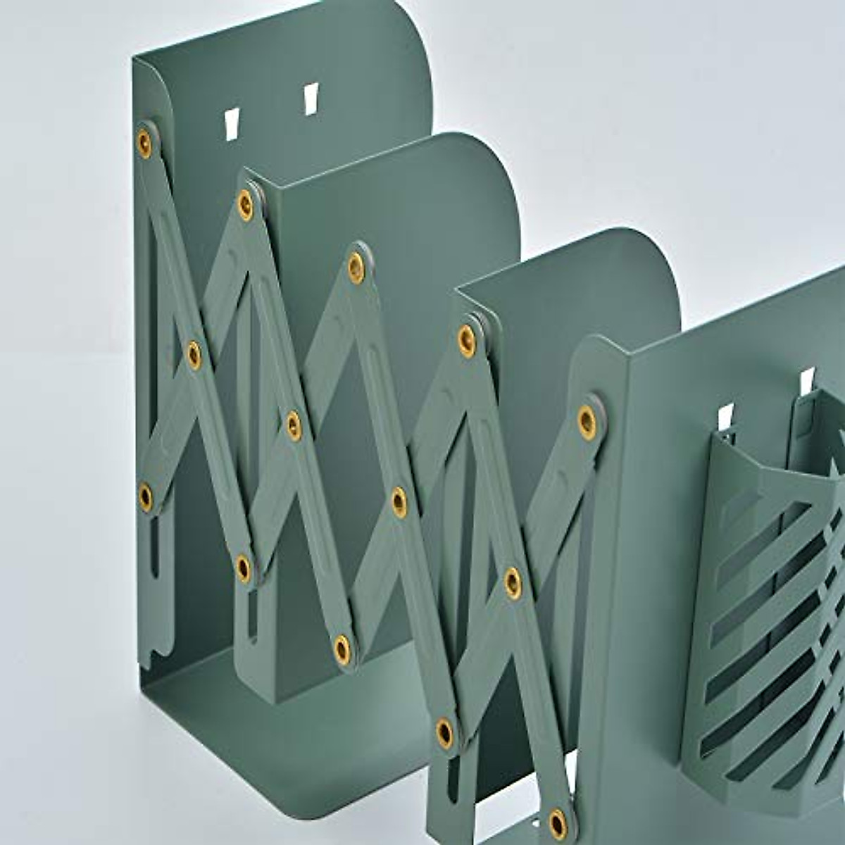 Shoccolt Adjustable Bookends Book Holders for 3 Compartments Heavy Duty Metal Steel Book Stand Desktop Organizer Expandable Bookshelf with Pen Holder for Home Office School Library (Green)