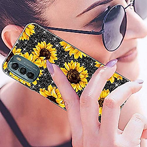 DDTKZC for Moto G Stylus 5G 2022 Phone Case，Moto G Stylus 5G 2022 Case Tempered Glass Protector Lustre Pattern-Sparkle 3 in 1 Clear Shockproof Case for Moto G Stylus 5G 2022 (Yellow Sunflower)