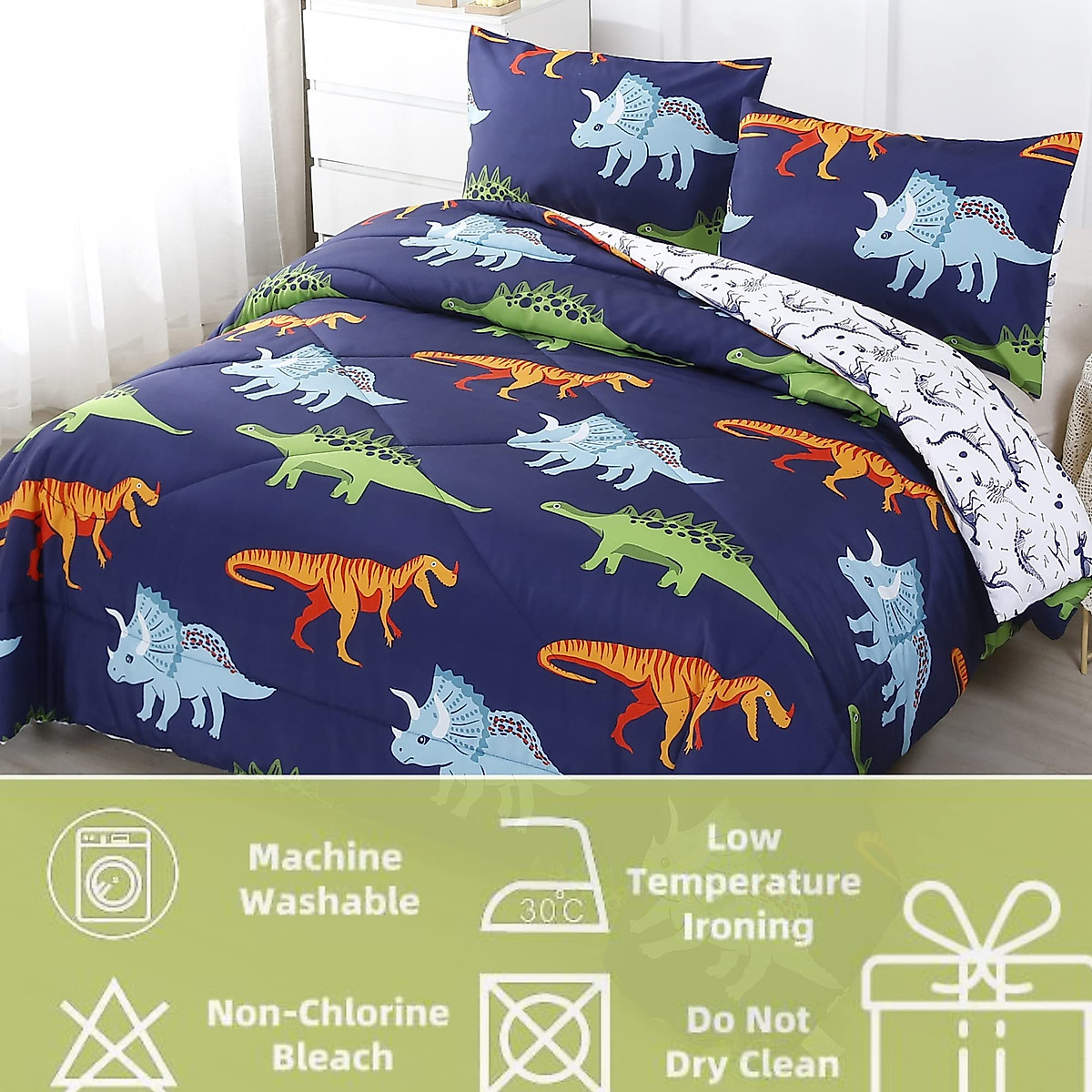 RYNGHIPY Cartoon Dinosaur Comforter Set, Dark Blue Dinosaur Kids Bedding Set for Boys, Dinosaurs Print Comforter Sets for Kids/Toddlers/Teens (Dinosaur,Twin)
