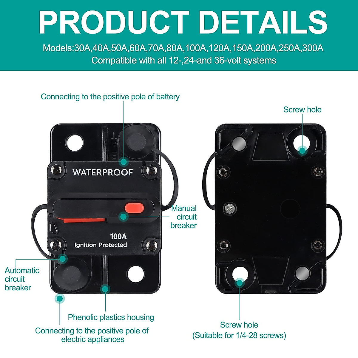 100 Amp Circuit Breaker,with Manual Reset,Waterproof, 12V-48V DC, 30-311A,for Car Marine Trolling Motors Boat ATV Manual Power Protect for Audio System Fuse