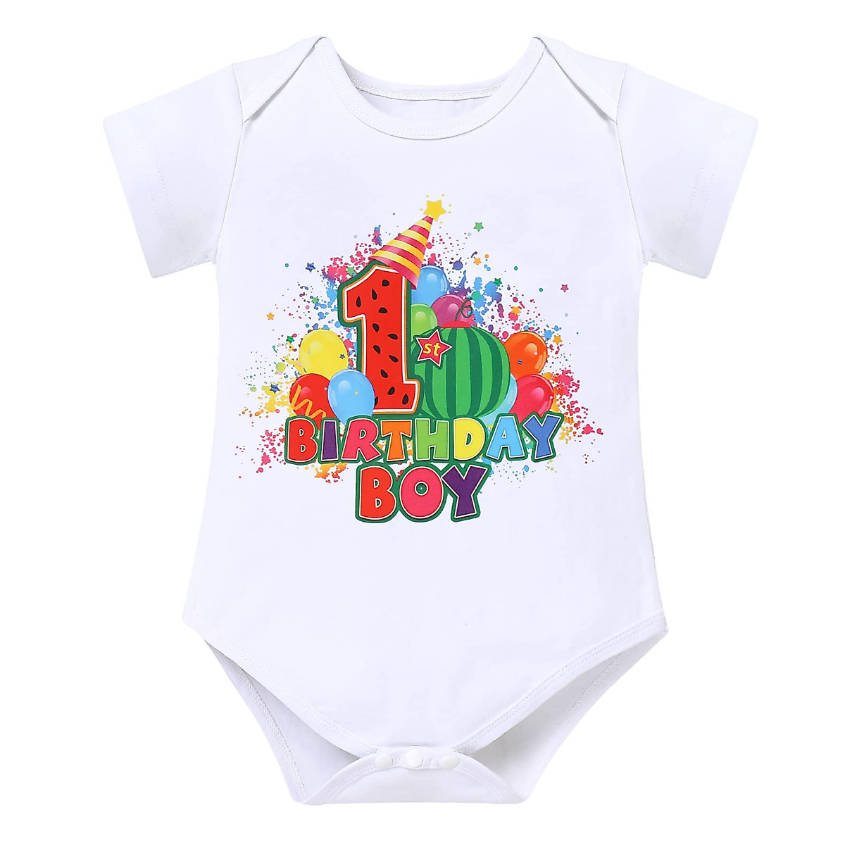 IMEKIS Watermelon 1st Birthday Outfit Baby Boy Cake Smash Romper Blue Denim Bloomers Jeans Shorts Rainbow Suspenders Photoshoot Toddler Summer Melon First Birthday Glow Party Supplies One 1 Year