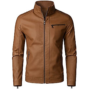 HOOD CREW Men’s Classic Zip Up Bomber Faux Leather Jackets Brown L