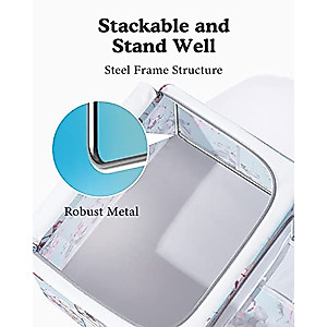 LitBear 2 Pack 24L Clothes Storage Bins Foldable Metal Frame Storage Box - Stackable Oxford Fabric Container Organizer Set with Carrying Handles and Clear Window(Blue floral)