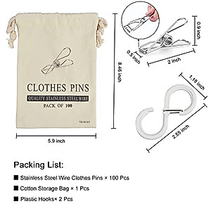 Clothespins Laundry Chip Clips - 100 Pack Bulk Durable Stainless Steel Clothes Pins,Heavy Duty Clamp Metal Wire Clothes Pegs with One Storage Bag & 2 Hooks,for Outdoor Clothesline Home Kitchen Office