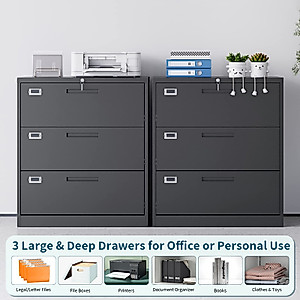 MIIIKO Lateral File Cabinet with Lock, 3 Drawer Lateral Filing Cabinet, Large Deep Drawers Locked by Keys, Metal Storage File Cabinet for Hanging Files Letter/Legal/F4/A4 Size