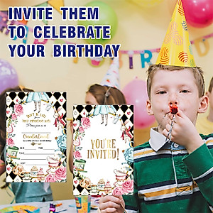 Tea Party Birthday Party Invitation, Checkerboard Invite Cards（20 Count) With Envelopes, Black & White Grid Fill In Style Invite Cards For Boys, Girls, Kids, Birthday Party Supplies-A21