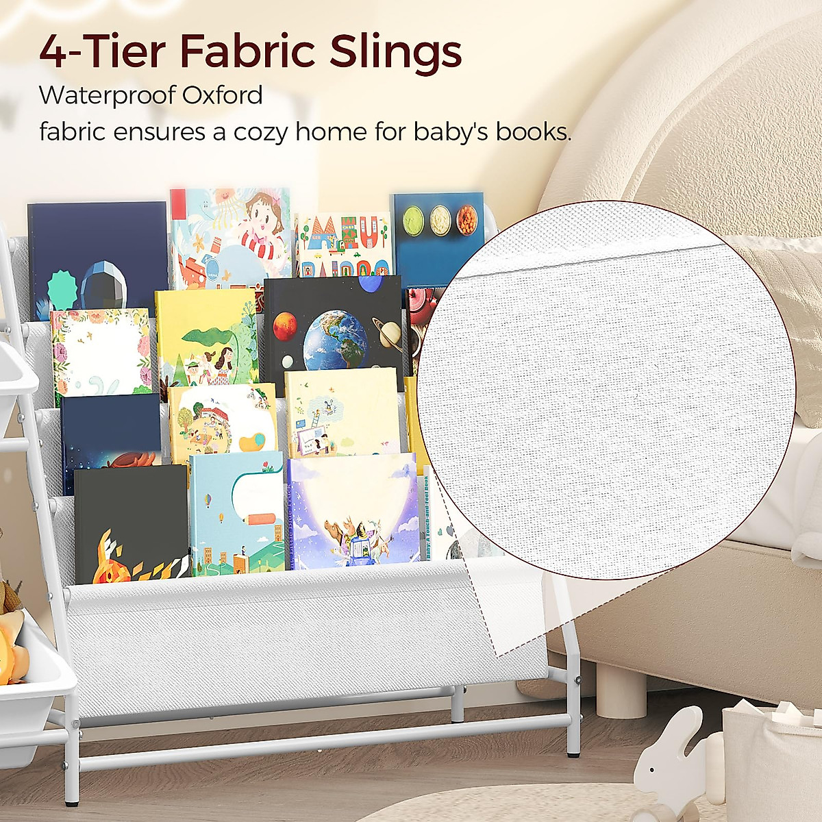 MAHANCRIS Kids Bookshelf and Toy Organizer, 4-Tier Toddler Bookshelf with 2 Toy Storage Bins, Nursery Book Shelves for Classroom, Kids Room, Library, Bedroom, Living Room, White BKBW7501