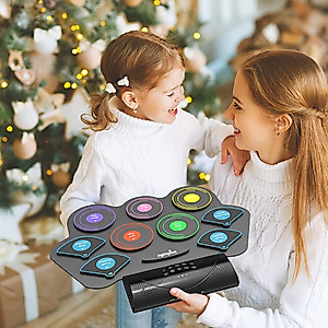 PAXCESS Portable 9 Pad Roll-Up Electronic Drum Set with Realistic Sounds, Foot Pedals, Drumsticks, Built-In Speaker, and Rechargeable Battery