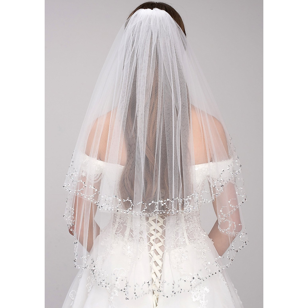 Malishow 2 Tiers Beaded Wedding Veil Sequin Pearl Edge Bling Bridal Veils New white