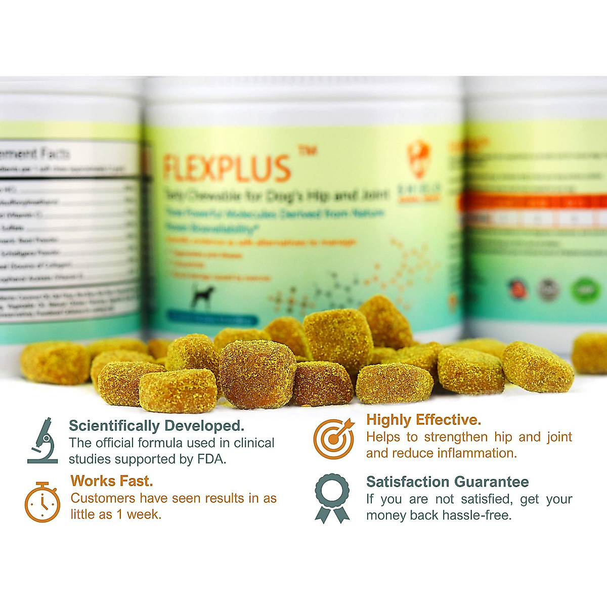 Sheild Animal Health FLEXPLUS for Dog's Hip & Joint. Relieve Pain and Inflammation from Arthritis, Joint Disease, and Muscle Damage. Pharmaceutical Grade.Clinically Proven Absorption.120 Chews. Chicken Flavor. Made in USA