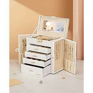 Homde Synthetic Leather Huge Jewelry Box Mirrored Watch Organizer Necklace Ring Earring Storage Lockable Gift Case (White + Gold)