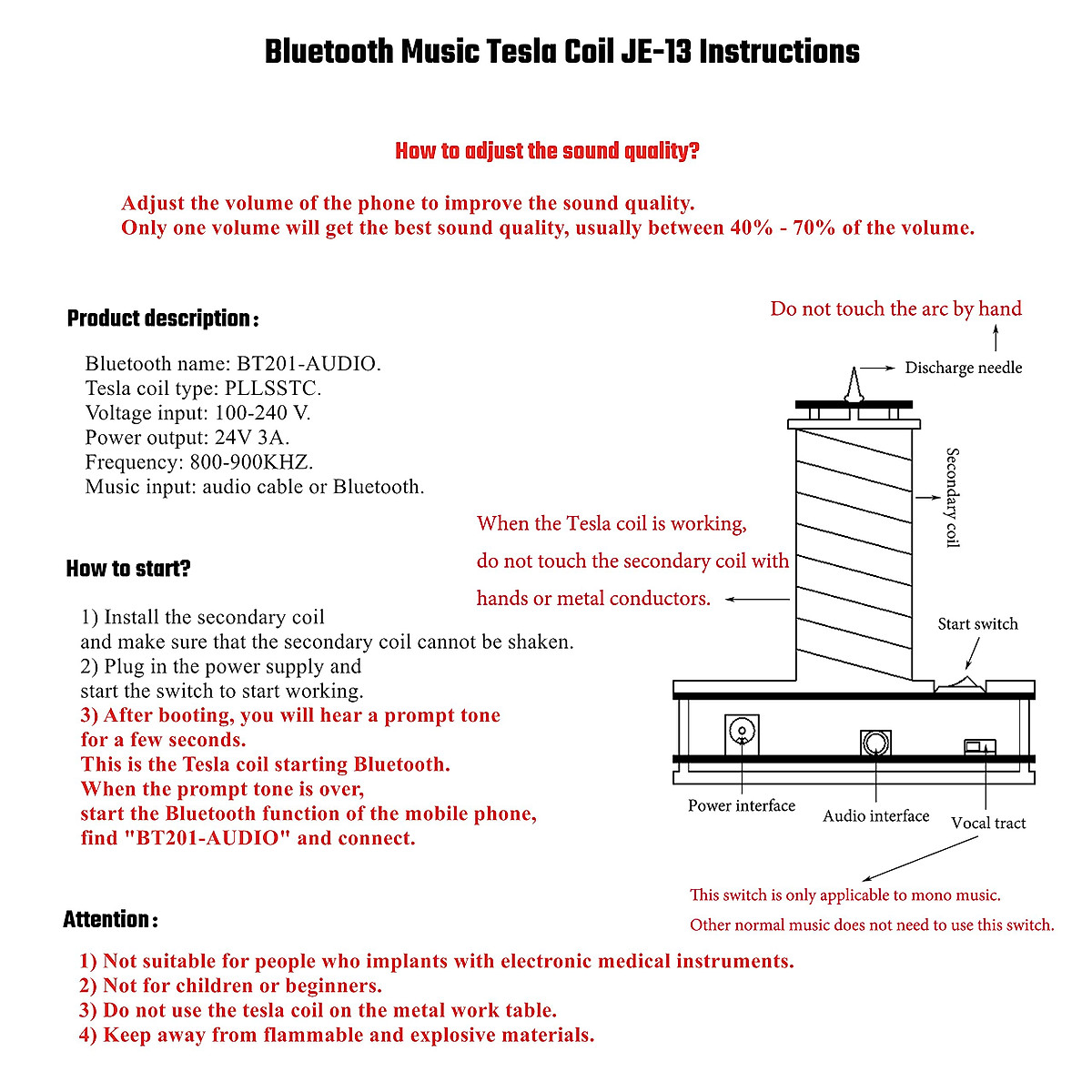 JZENT Bluetooth Music Tesla Coil PLLSSTC Desktop Toy Plasma Loudspeaker Arc Generator Wireless Transmission Teaching Demonstration Experiment Model JE-13