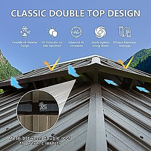12’ x 16’ Hardtop Gazebo Outdoor Aluminum Wood Grain Gazebos with Galvanized Steel Double Canopy for Patios Deck Backyard,Curtains&Netting by domi outdoor living